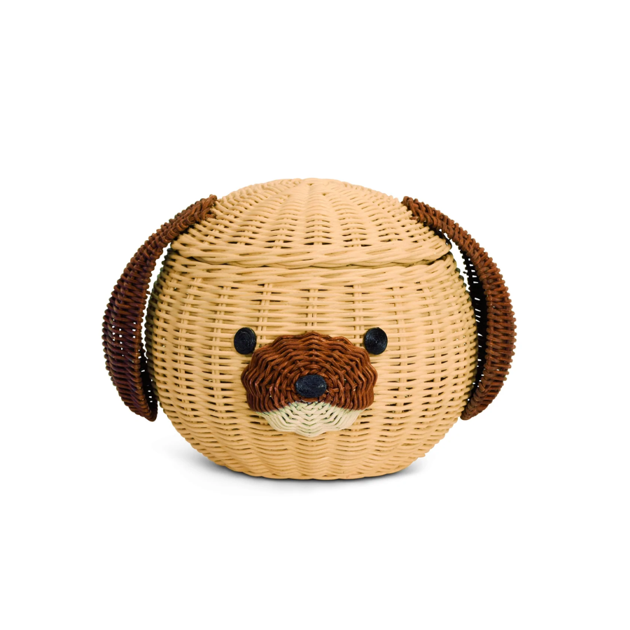Dog Head Rattan Storage Basket with Lid Decorative Bin Home Decor Hand
